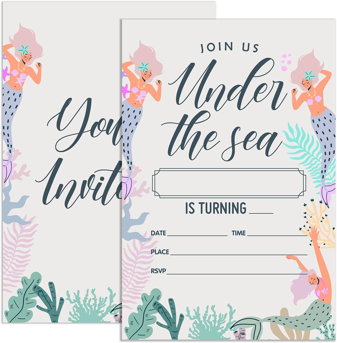 Amazon.com : UDNADKEX Mermaid Birthday Invitations for Girls with ...