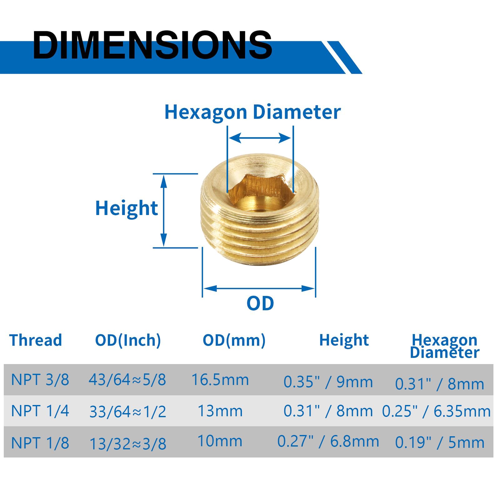 Snapklik.com : LifCratms 3/8" NPT Male Plug, Brass Internal Hex Thread ...