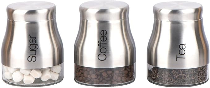 ARA CHOICE Set of 3 Silver Kitchen Storage Canisters Tea Coffee Sugar ...