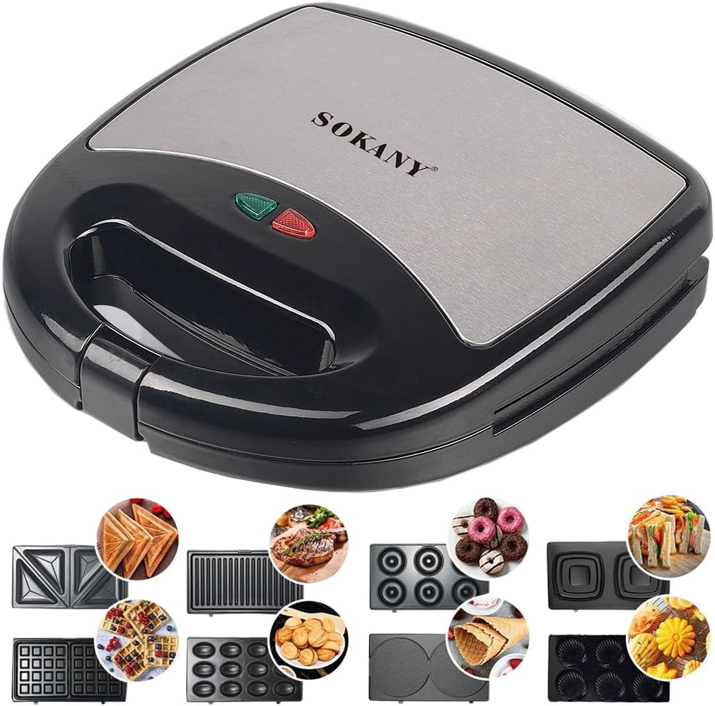 SOKANY 800W Sandwich Maker, Panini Press Grill, 8 in 1 Waffle Maker ...