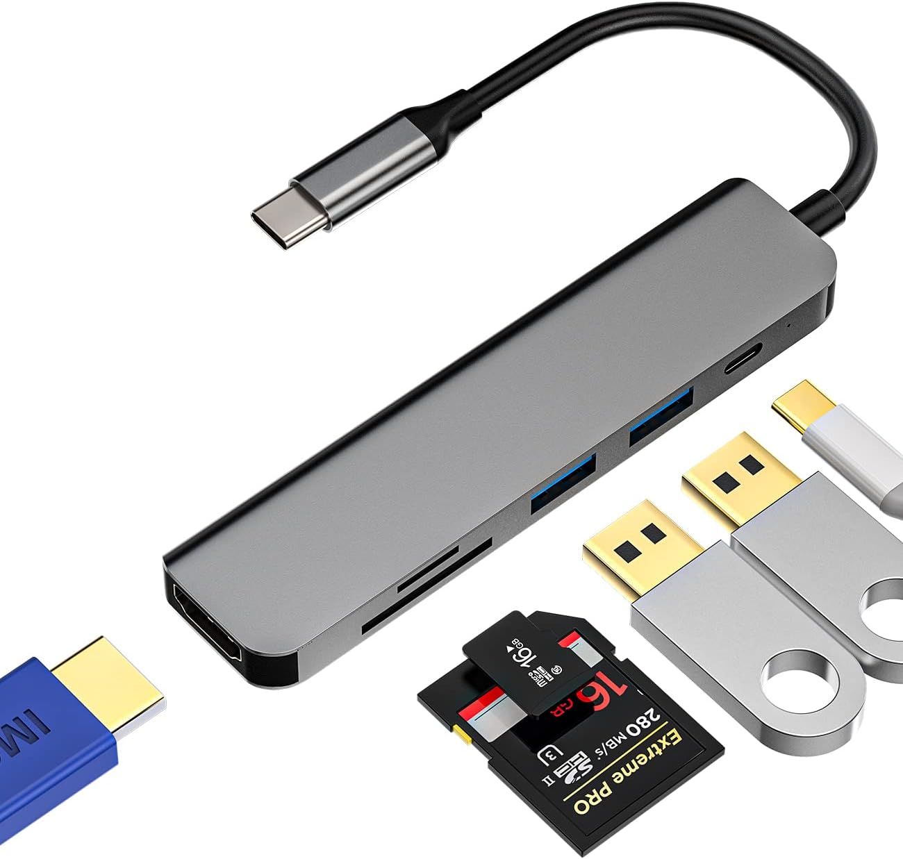 Amazon.com: USB C Hub to Hdmi+TF+SD Card Reade+Dual USB Port Dongle ...