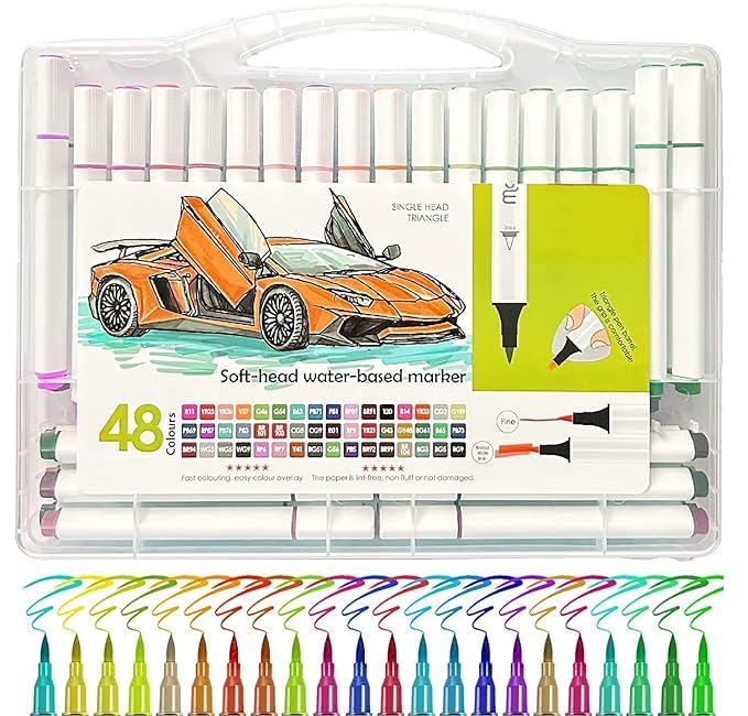 Art Markers 48 Colours Fine Tip Coloring Brush Fineliner Water Based ...