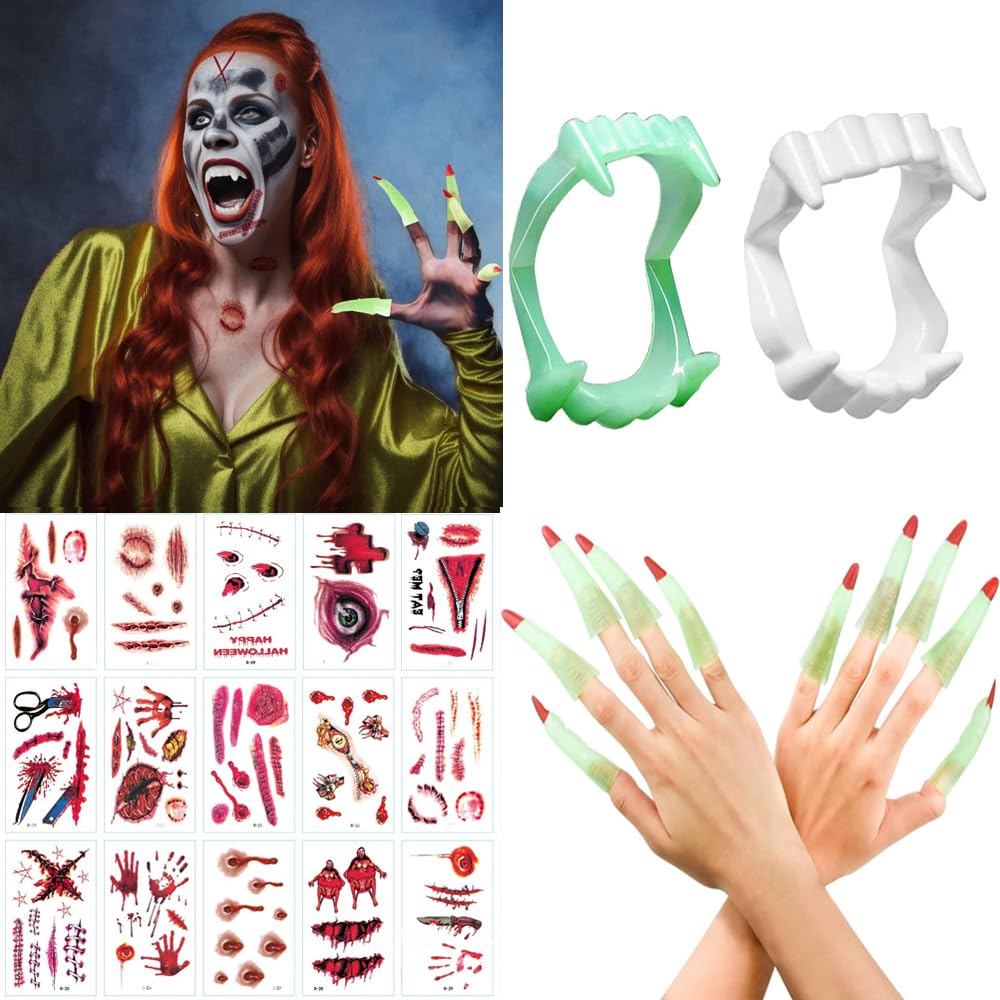ENYACOS halloween tattoos+witch fingers+vampire teeth set,halloween ...