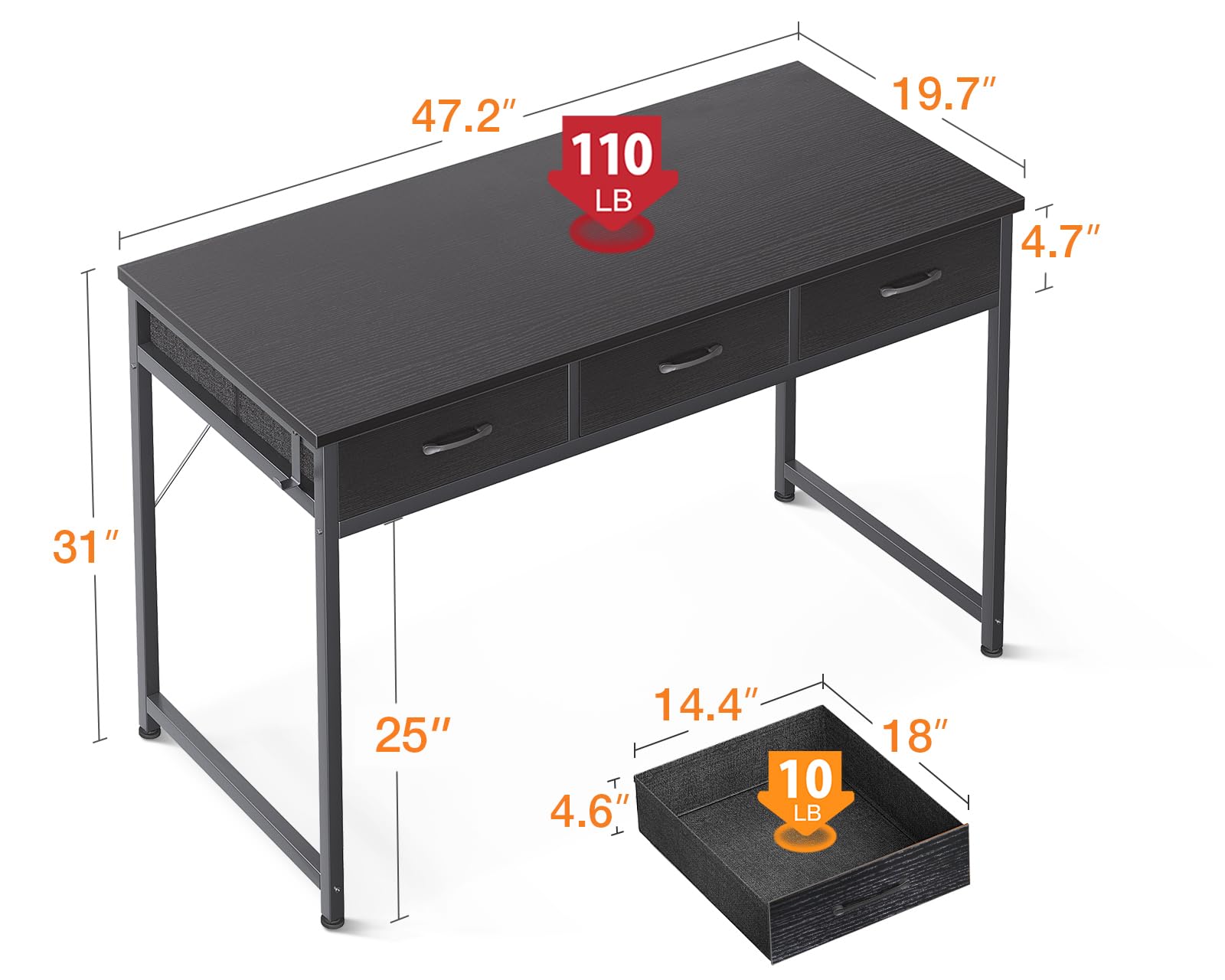 ODK 48 Inch Computer Desk with 3 Fabric Drawers, Home Office Desks with ...
