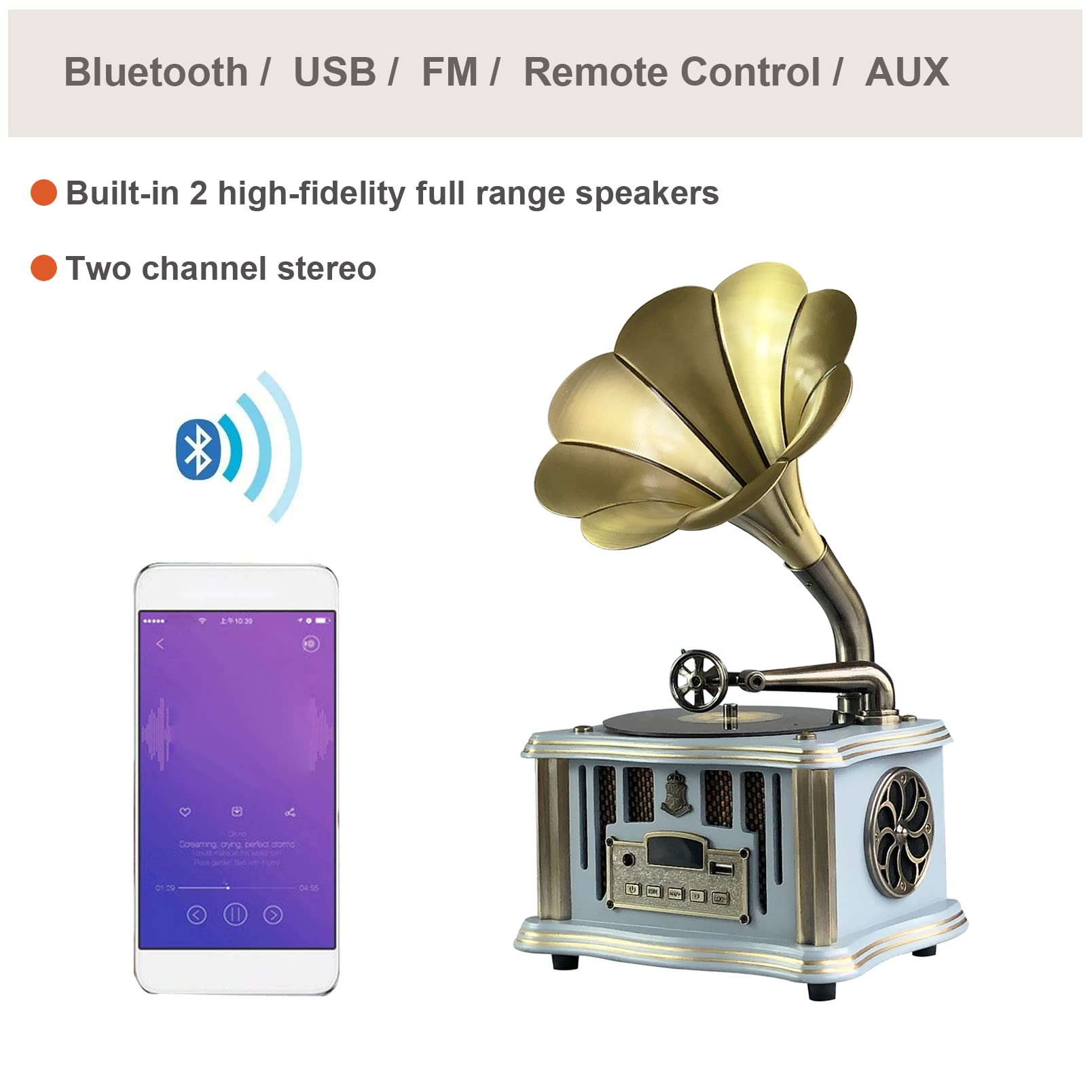 Mini Phonograph Bluetooth Stereo Speaker, Artisam Retro Remote Control ...