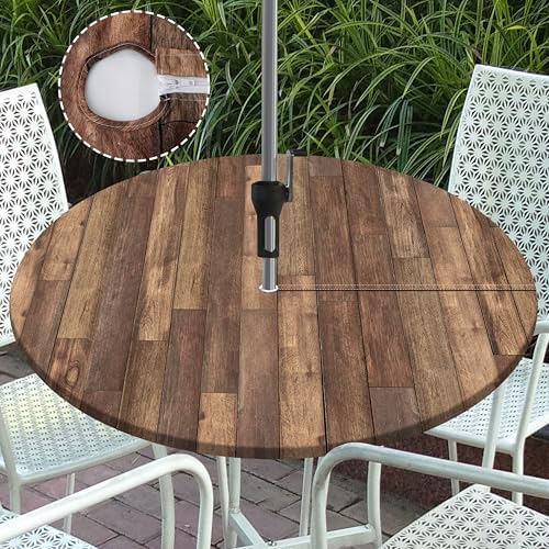 Amazon.com: Round Outdoor Tablecloth with Umbrella Hole and Zipper Wood ...