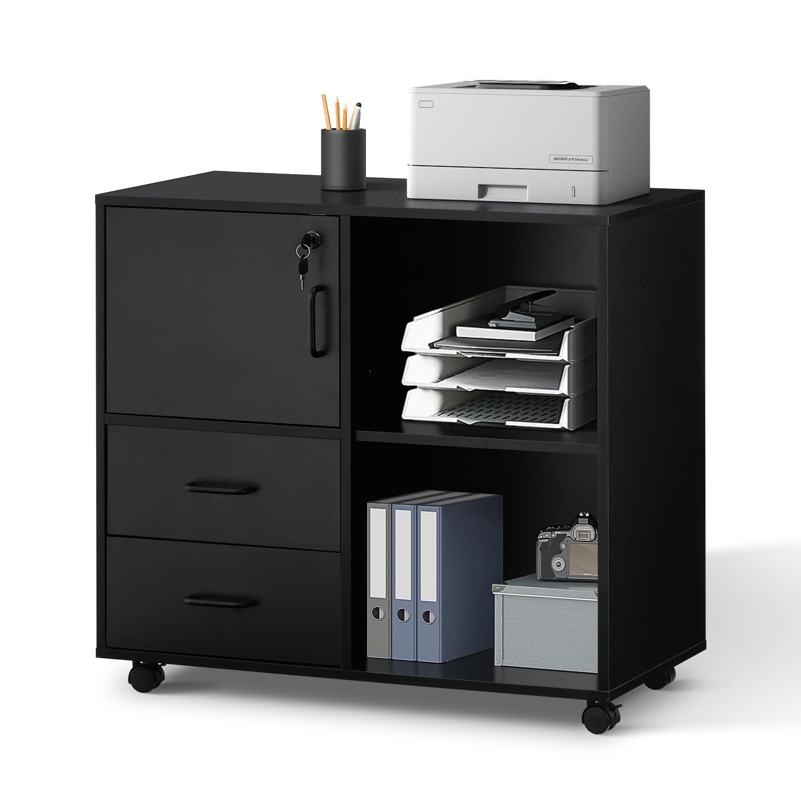 CLIPOP 2-Drawer Mobile File Cabinet w/Storage Cabinet and Open ...