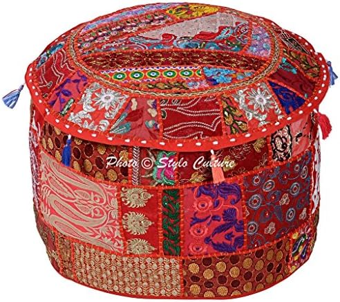 Amazon.com: Stylo Culture Cotton Patchwork Embroidered Ottoman Footstool Pouf Cover Red Floral ...
