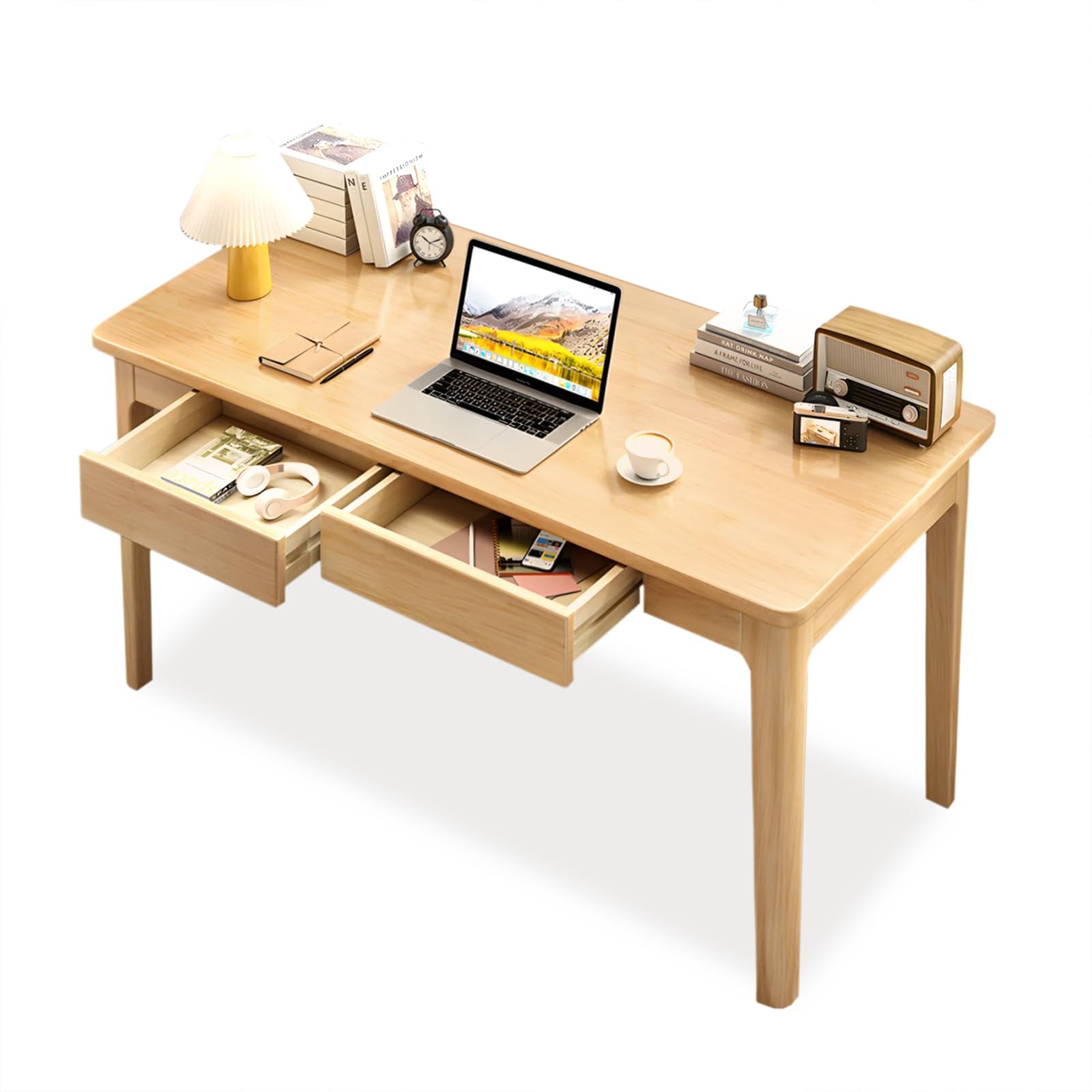 Amazon.com: Solid Wood Desk with Drawers, Modern Wooden Computer Desk ...