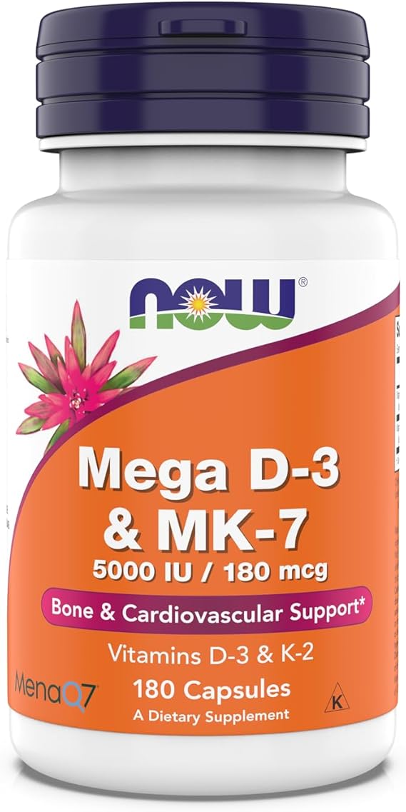 Amazon.com: NOW Supplements, Mega D-3 & MK-7, 5000 IU / 180 mcg, Bone & Cardiovascular Support ...