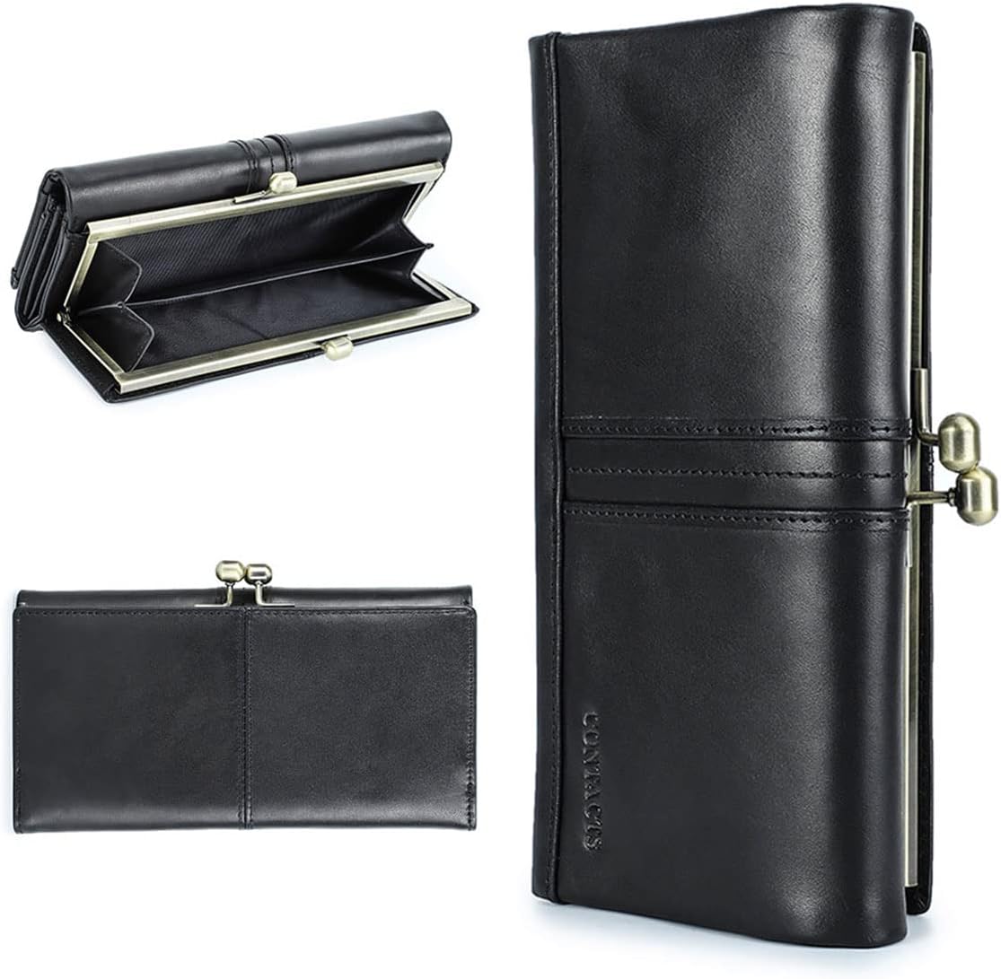 Amazon.com: Contacts Womens Kiss Lock Wallet Leather Kiss Clasp Coin ...