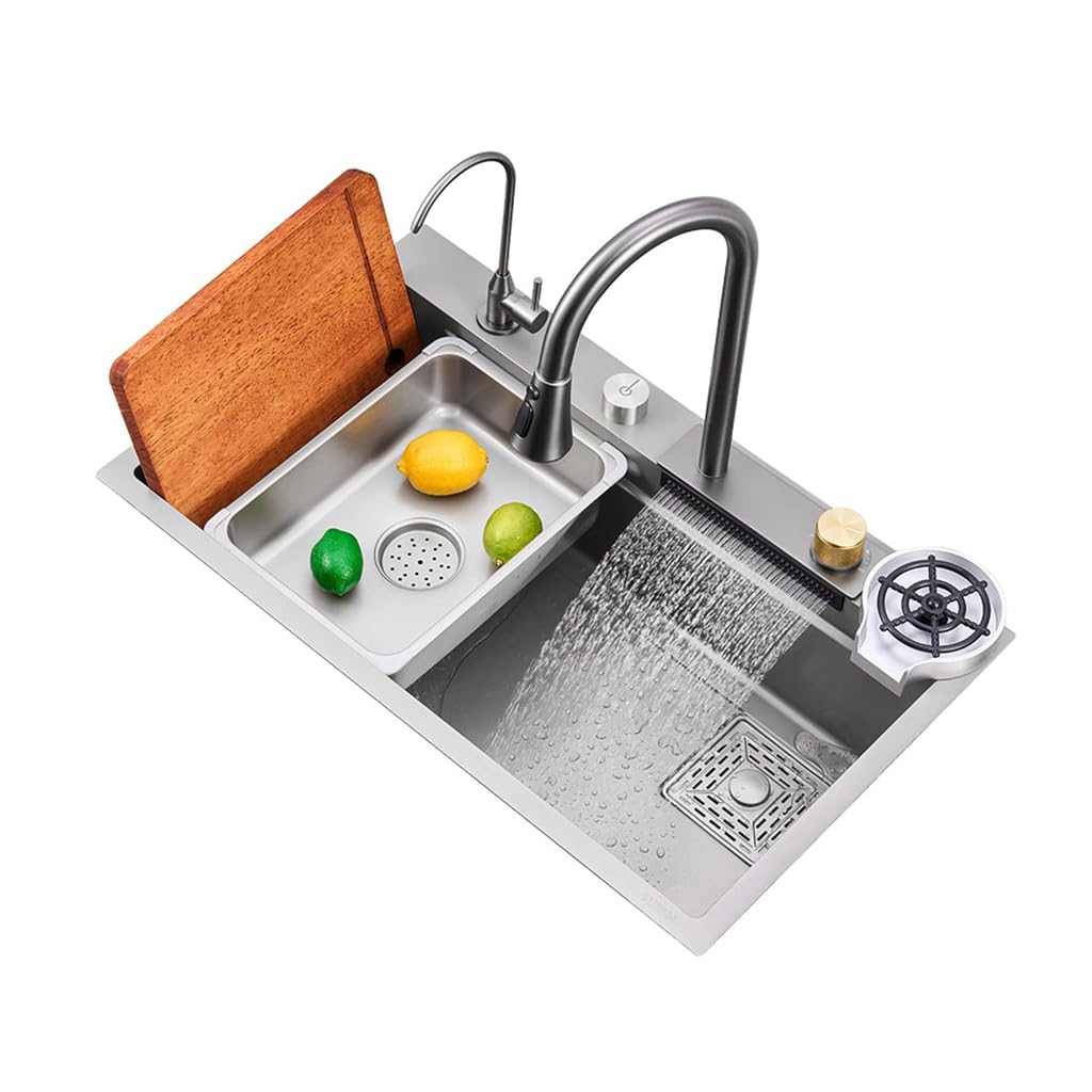 ARTLINE Gun Grey Single Bowl Kitchen Sink, Stainless Steel Waterfall ...