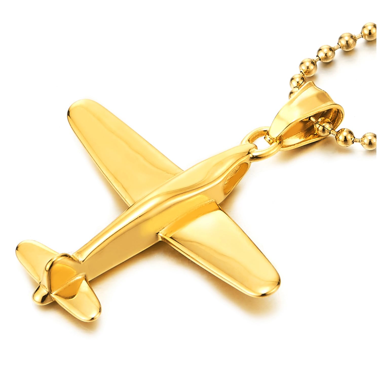 COOLSTEELANDBEYOND Airplane Pendant Necklace Gold Color Stainless Steel ...