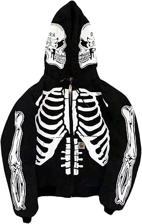 Amazon.com: NUFR Skeleton Zip Up Hoodie Skeleton Jacket Black Oversized ...