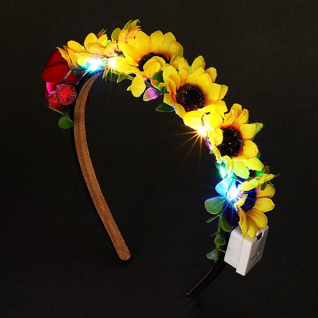 Amazon.com : GORTIN Sunflower Hippie Headband Light up Floral Crown ...