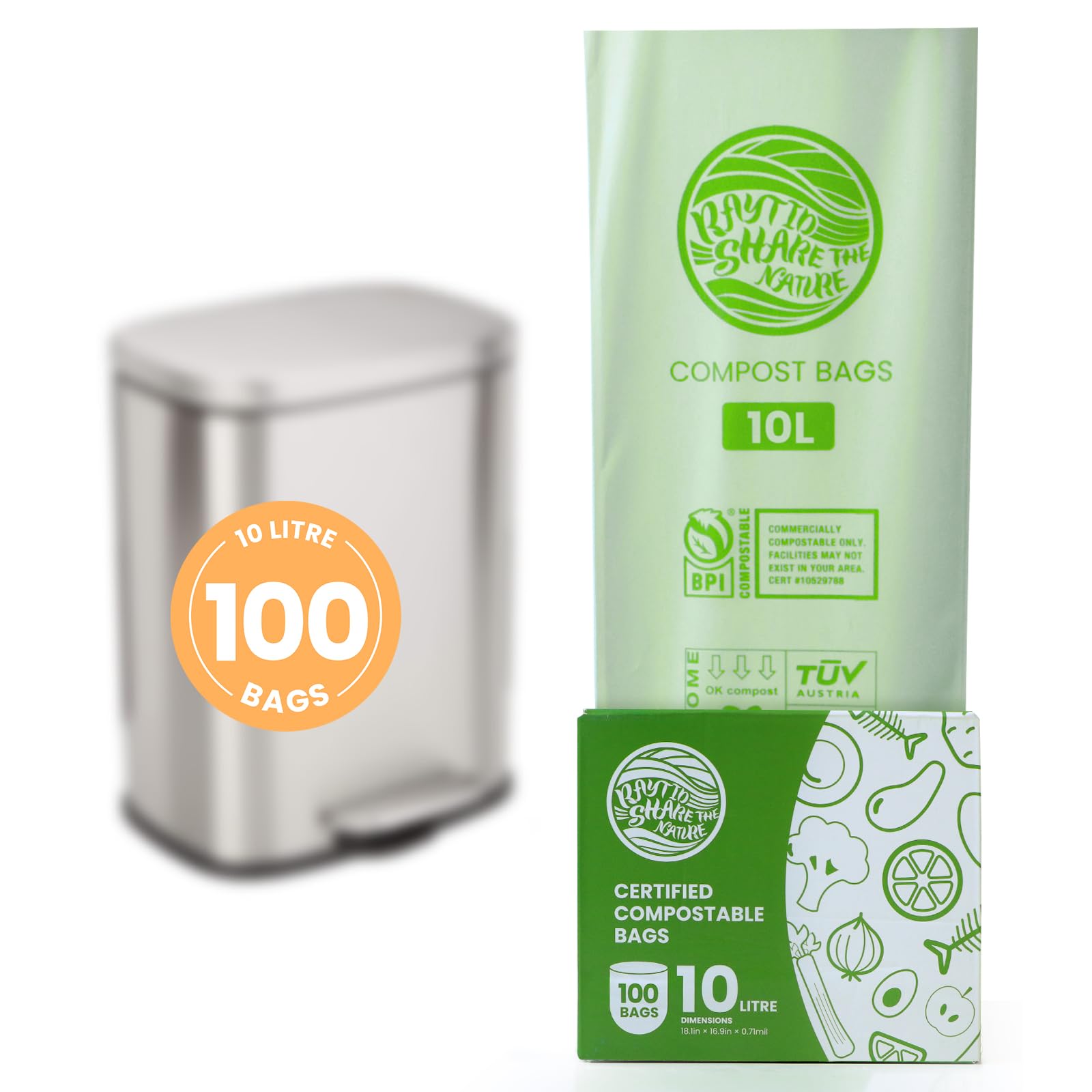 RAYTID Compostable Food Waste Bags 10L 100 Bin Bags EN13432 Home ...
