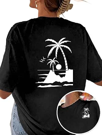 Avanova Women Palm Tree Beach Graphic Oversized Tee Top Short Sleeve ...