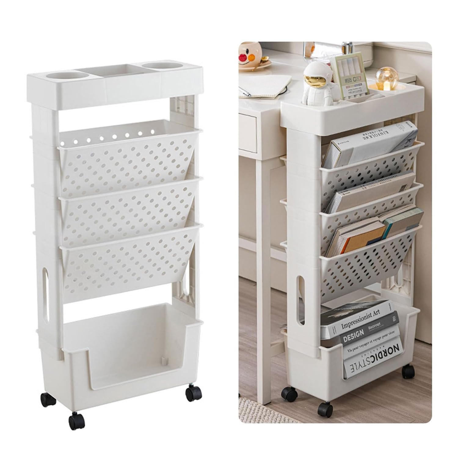 5 Tier Standing Bookshelf Unit, Rolling File Cart Multi Purpose Rolling ...