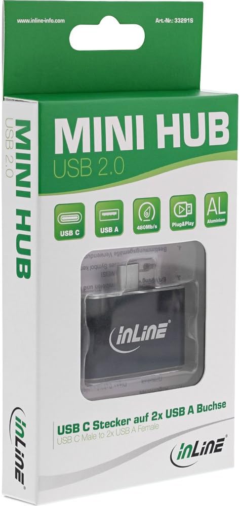 InLine® Mini-USB 2.0 Hub USB C Male Plug to 2 x Type A Female black ...