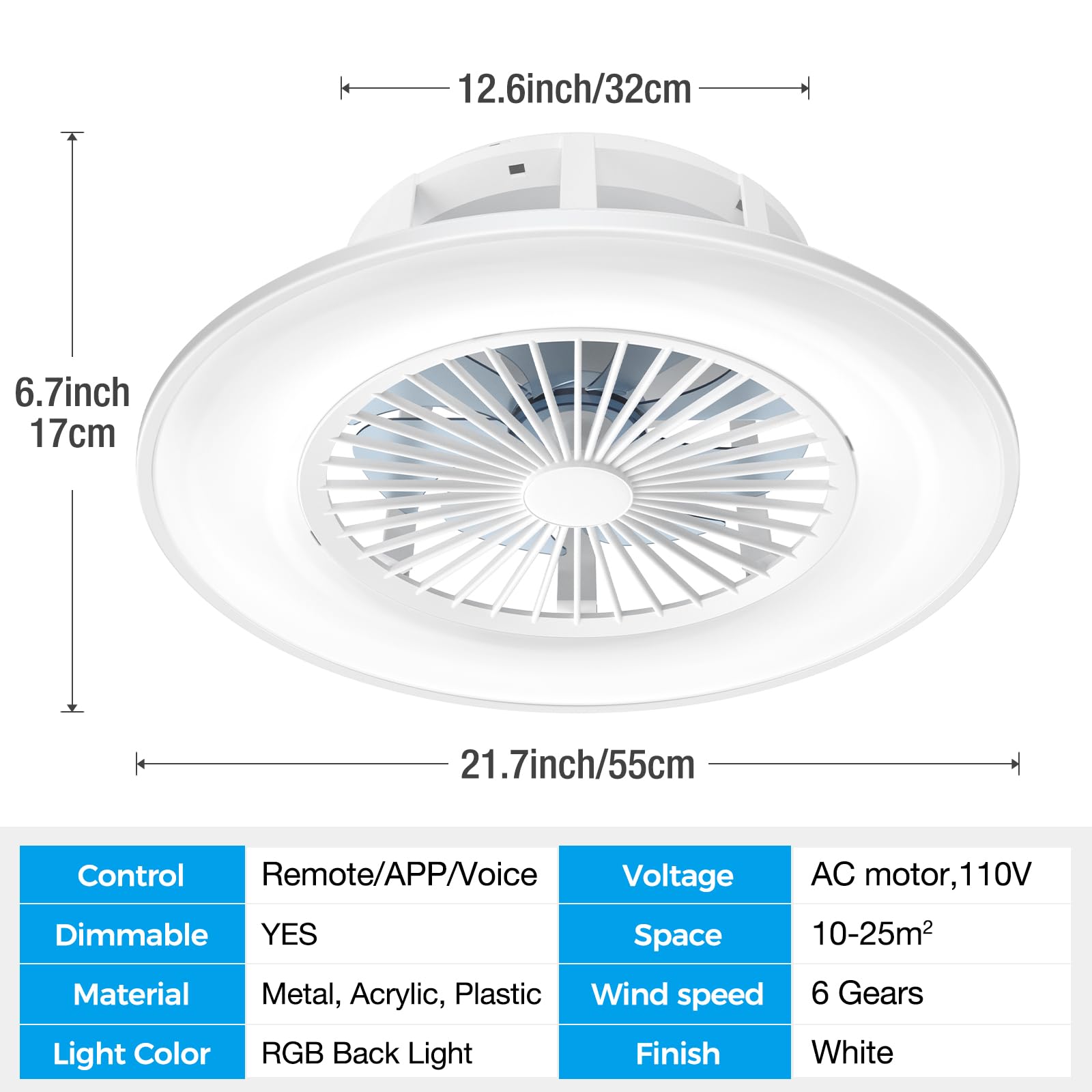 22 Inch Ceiling Fan with Light Remote Control, Bladeless Bedroom ...