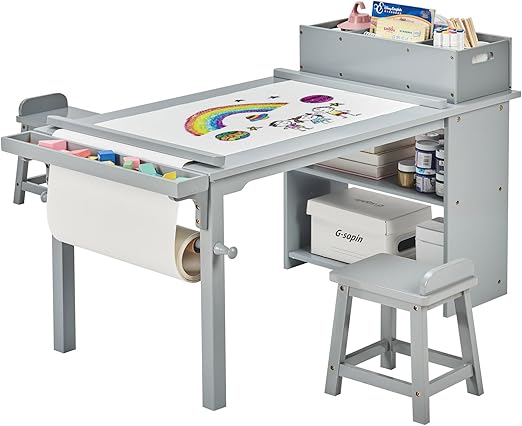 Amazon.com: UNICOO Kids Art Table and Chair Set with Paper Roll Holder ...