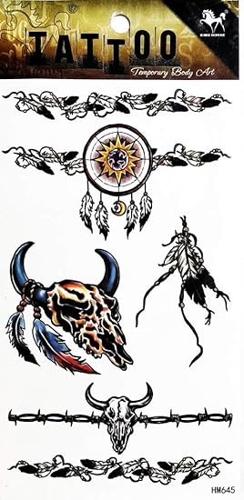 PP TATTOO 1 Sheet Indian Native American Buffalo Head Feather Arm Body ...