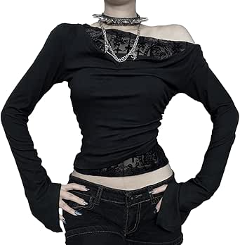 Women's Off Shoulder Goth Crop Top Mesh Patchwork Long Sleeve Blouses ...