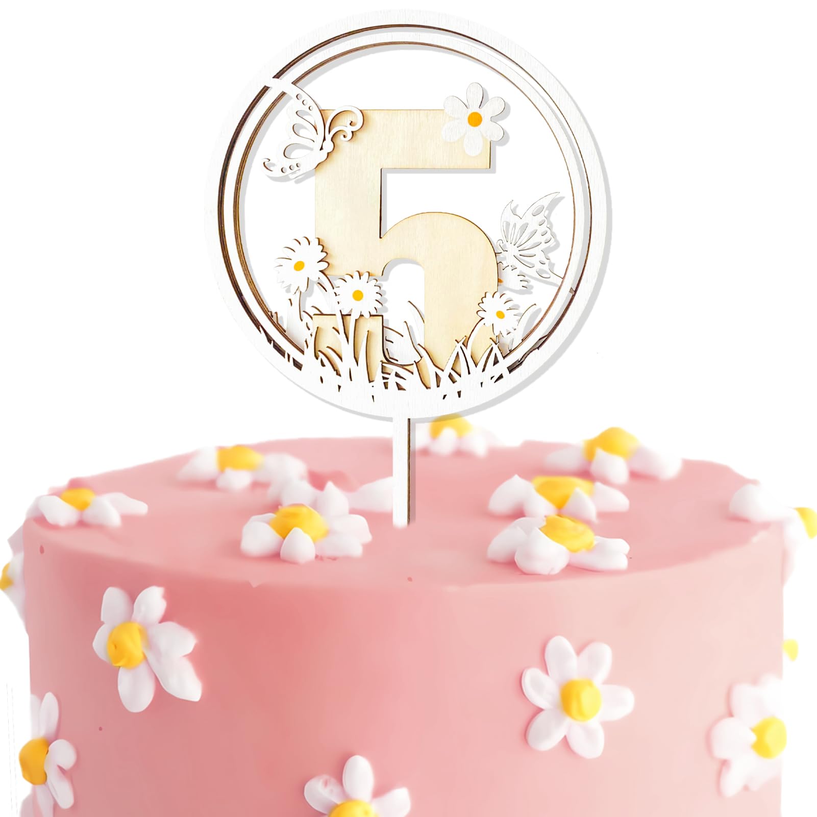 Wooden Daisy Birthday Party Decorations, 5 Cake Topper Flower 5th ...