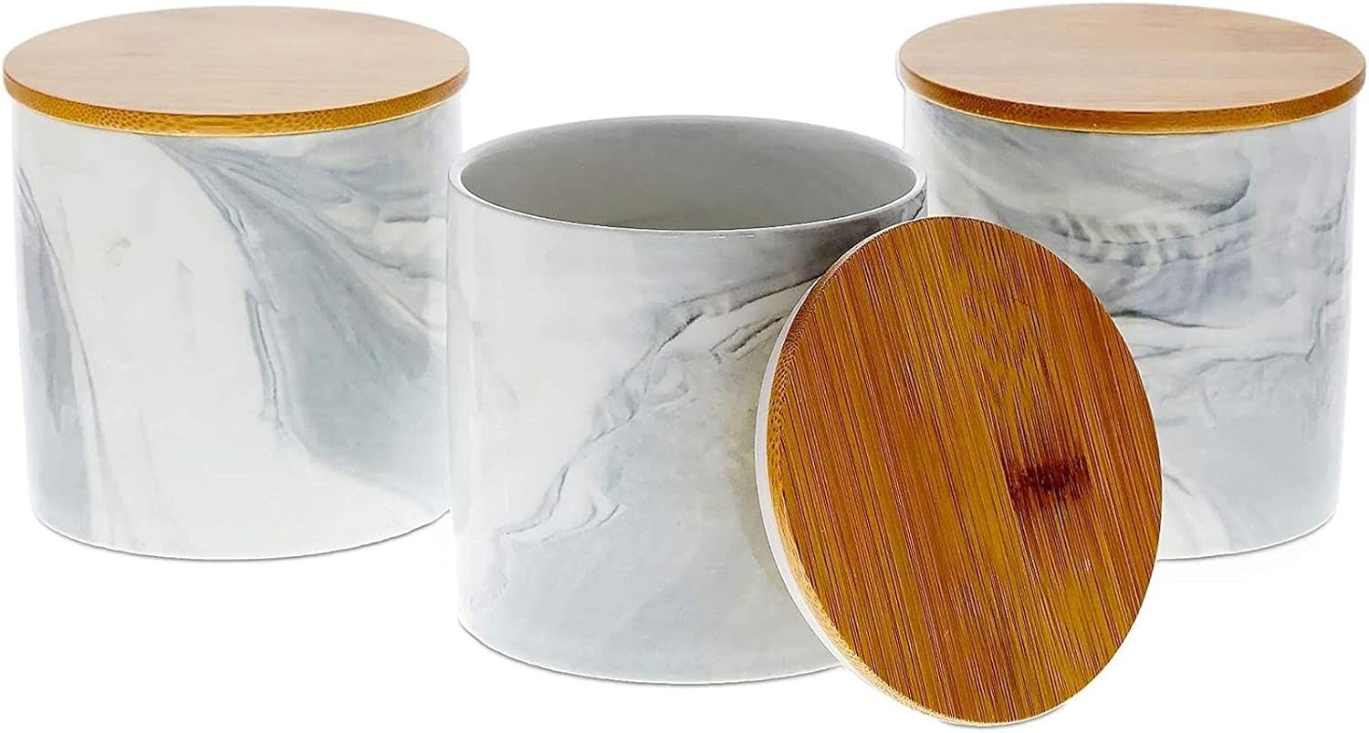 Amazon.com: White Marble Ceramic Kitchen Canisters with Bamboo Lids (3. ...