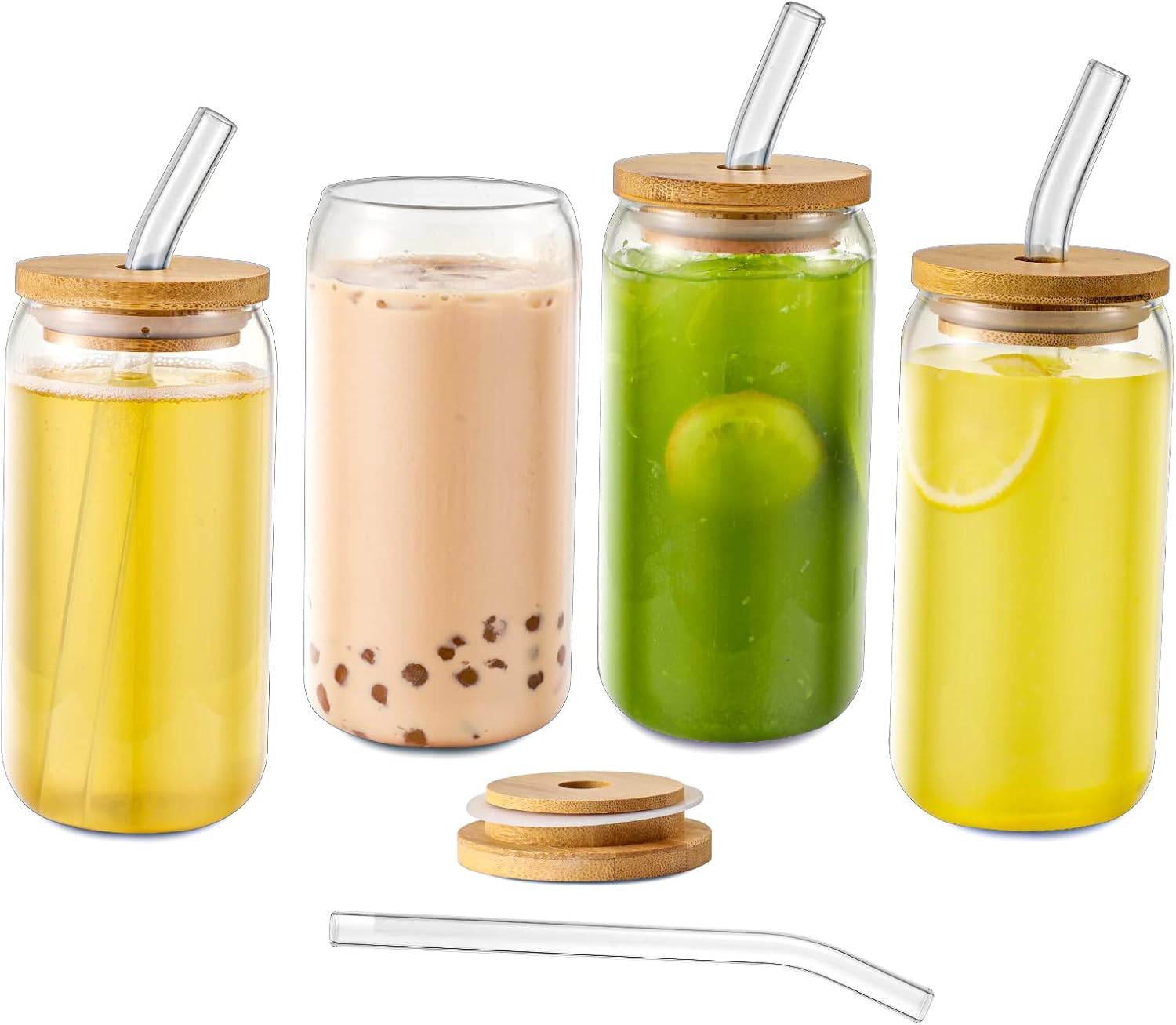 Amazon.com | 4 Pack Drinking Glasses with Bamboo Lids and Glass Straw ...