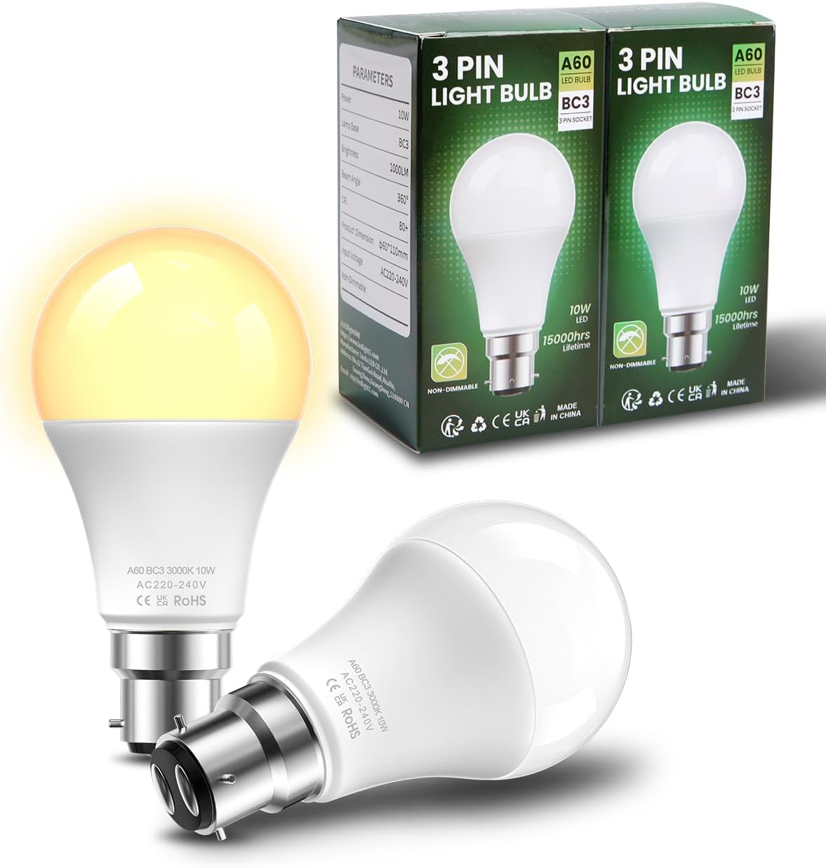 BrightArk BC3 3 Pin LED 10W Energy Saving Light Bulbs Warm White 3000K ...