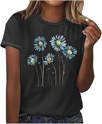 generic Womens Summer Tops Cute Daisy Floral Print Short Sleeve Shirts ...