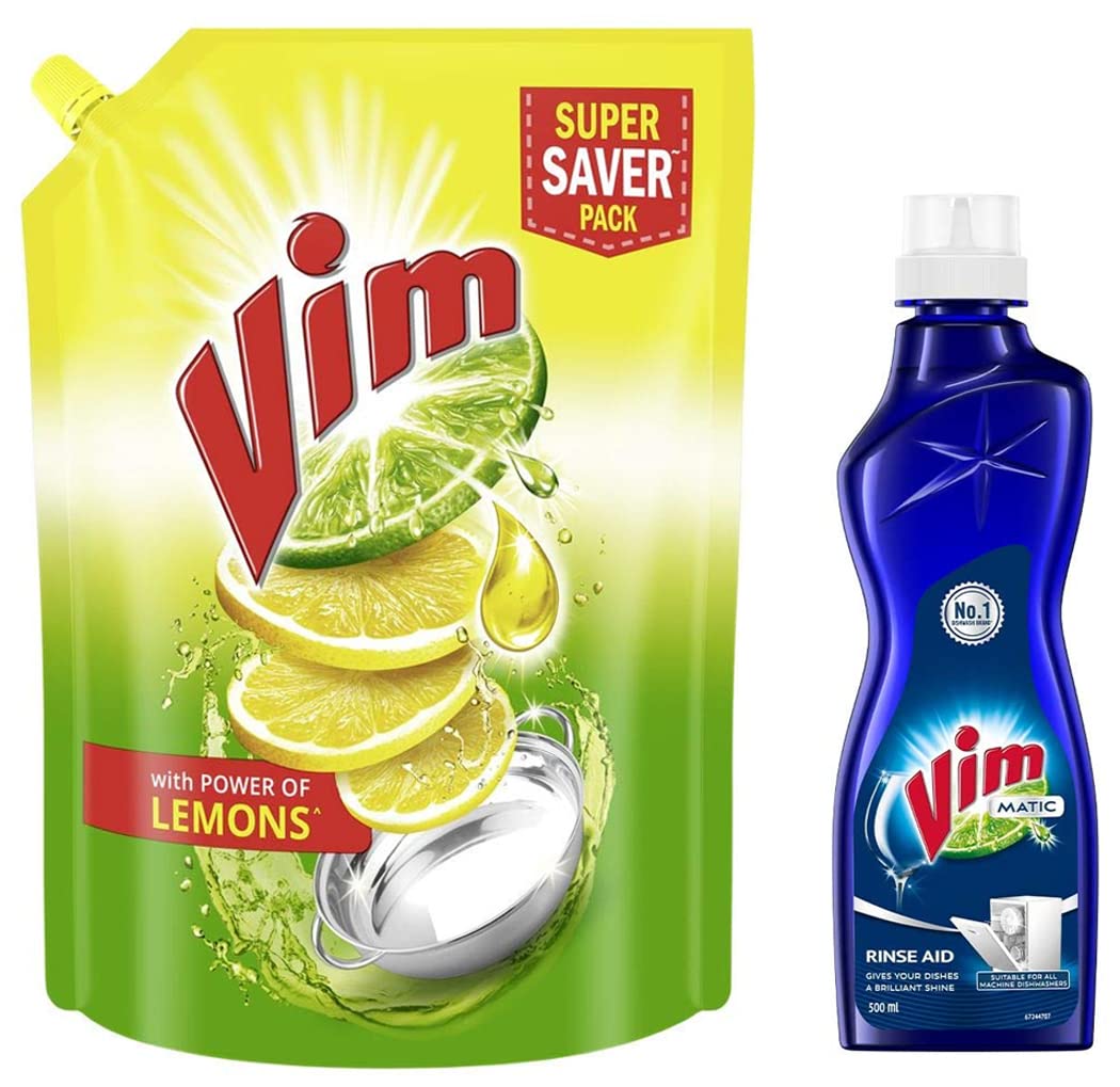 Vim Fresh Lemon Fragrance Dishwash Liquid Gel 2 L Refill Pack& Vim Matic Dishwasher Rinse Aid ...