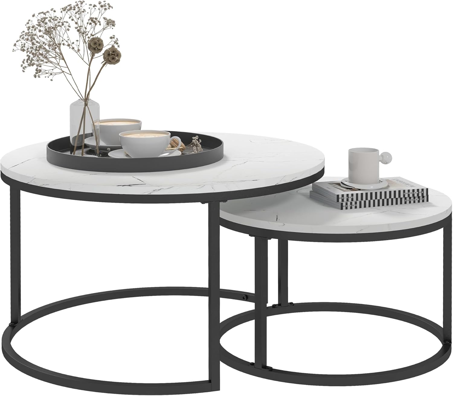 HOMCOM Nesting Tables, 31" Round Coffee Table Set of 2, Modern Side ...