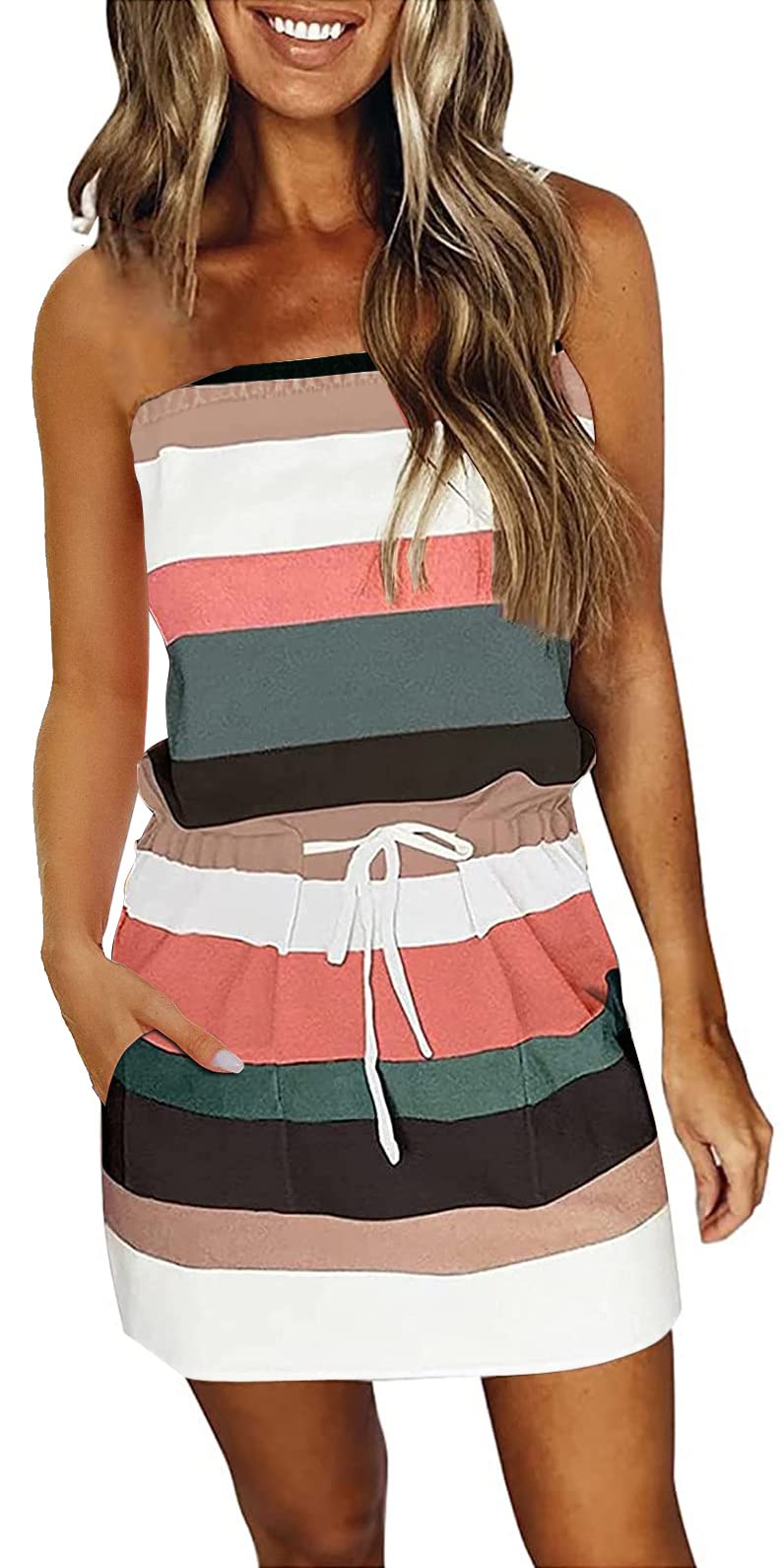 SAUKOLE Summer Dress for Women Strapless Beach Cover Ups Boho Sundress ...