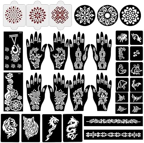 Ivana's Set of 34 Pcs Reusable Mehandi Stencils for Hands, Wrist, Body ...