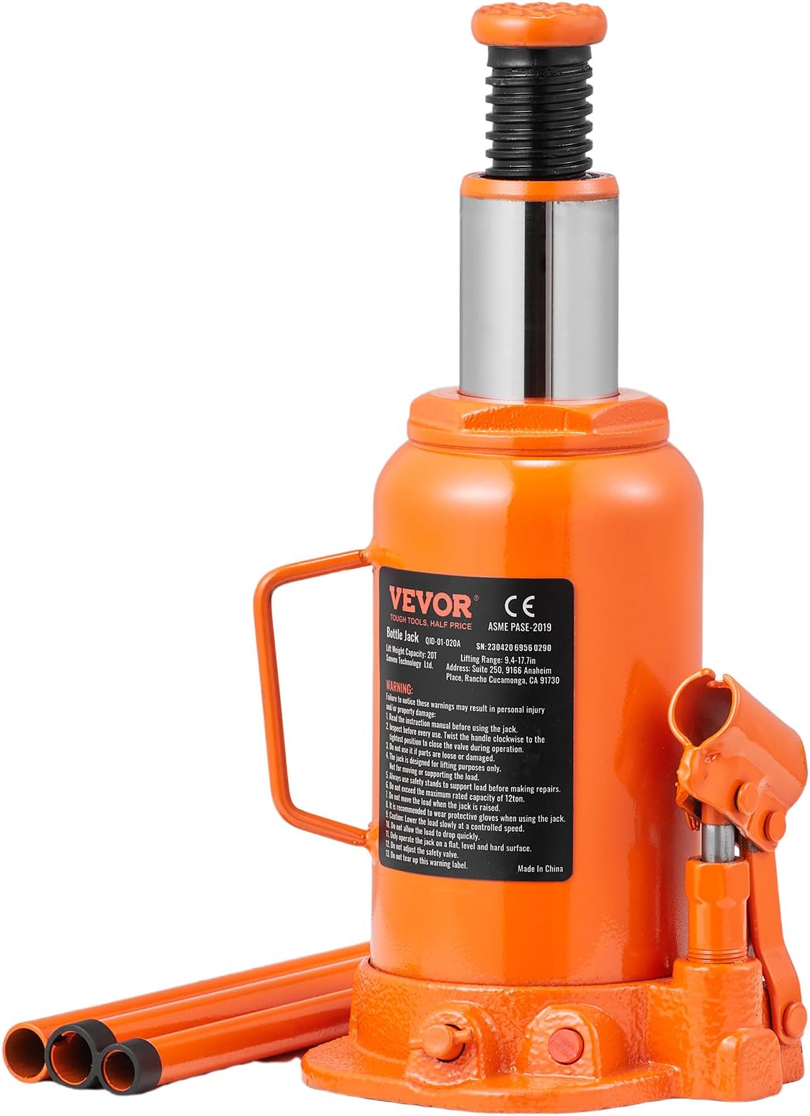 VEVOR Hydraulic Bottle Jack, 20 Ton/44092 LBS All Welded Bottle Jack ...