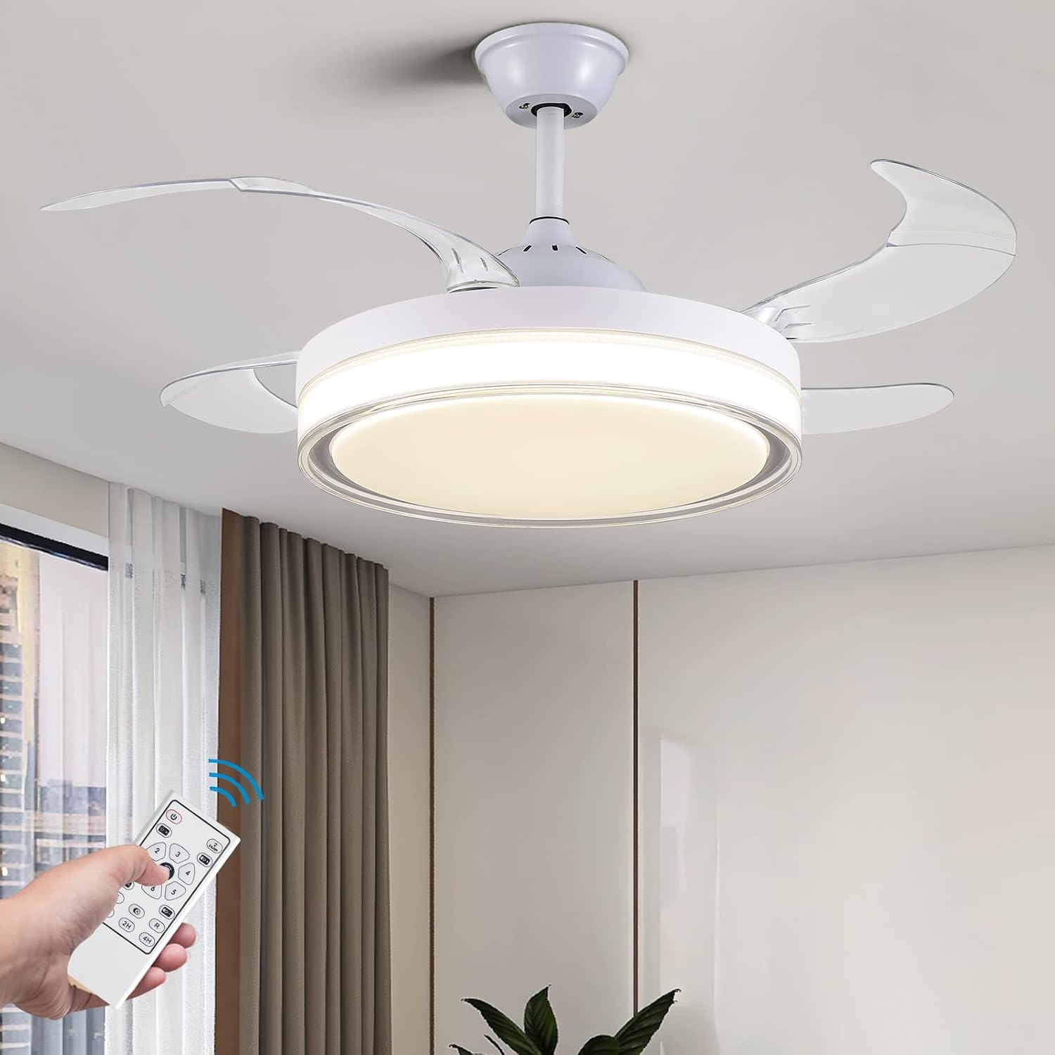 42 Inch Ceiling Fan with Lights and Remote Control, Modern Retractable ...