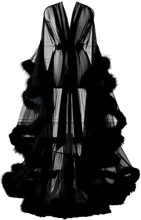 Changuan Sexy Feather Robe Long Fur Tulle Robe Sheer Lingerie Maternity ...