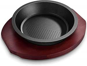 Amazon.com: YISHUOYZBS Round Cast Iron Sizzling Steak Plate and Wooden ...