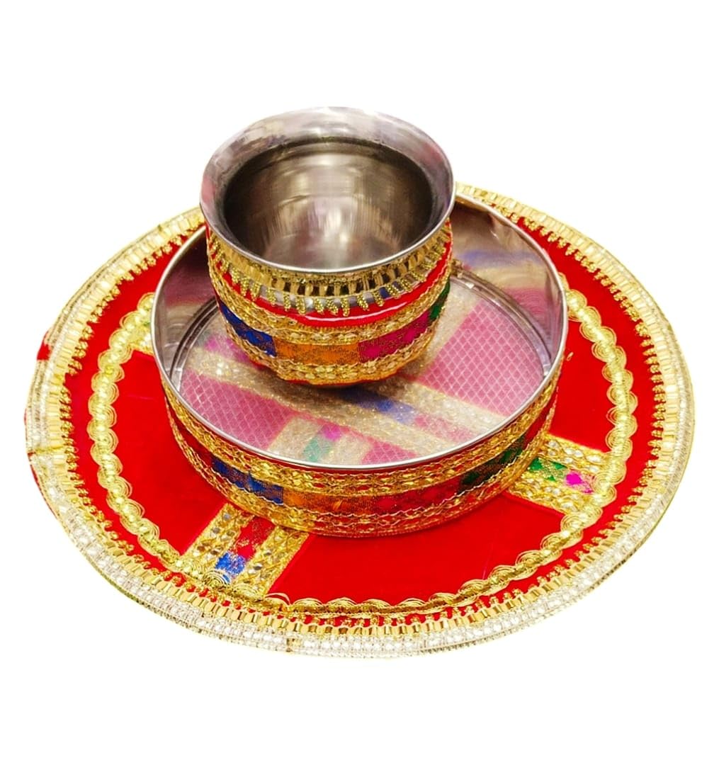 Buy Karwa Chauth Puja Thali Set with Pooja Kalash, Channi, and Red ...