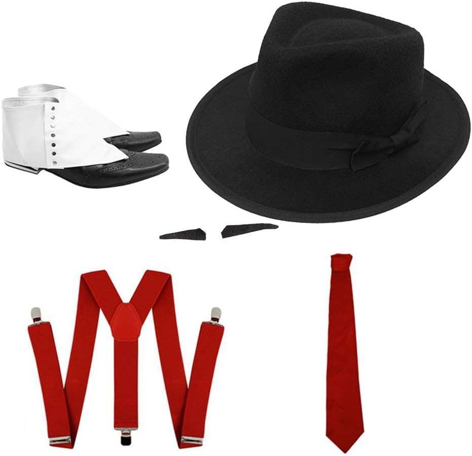 ILOVEFANCYDRESS 5 PIECE RED GANGSTER SET - BLACK HAT WITH BLACK BAND ...