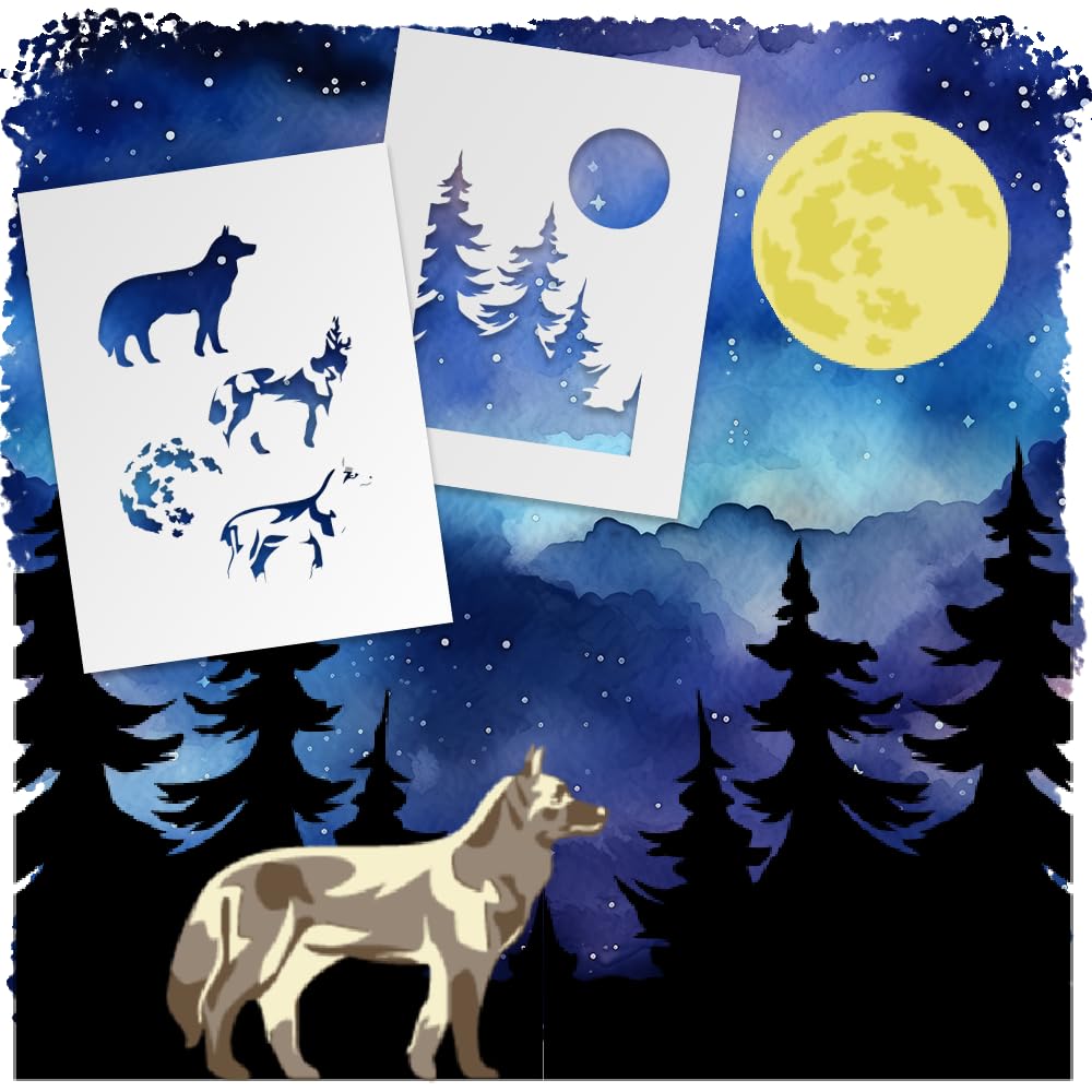 Howling Wolf Stencils Set of 2 - Wolves Pack, Wildlife Forest, and More ...