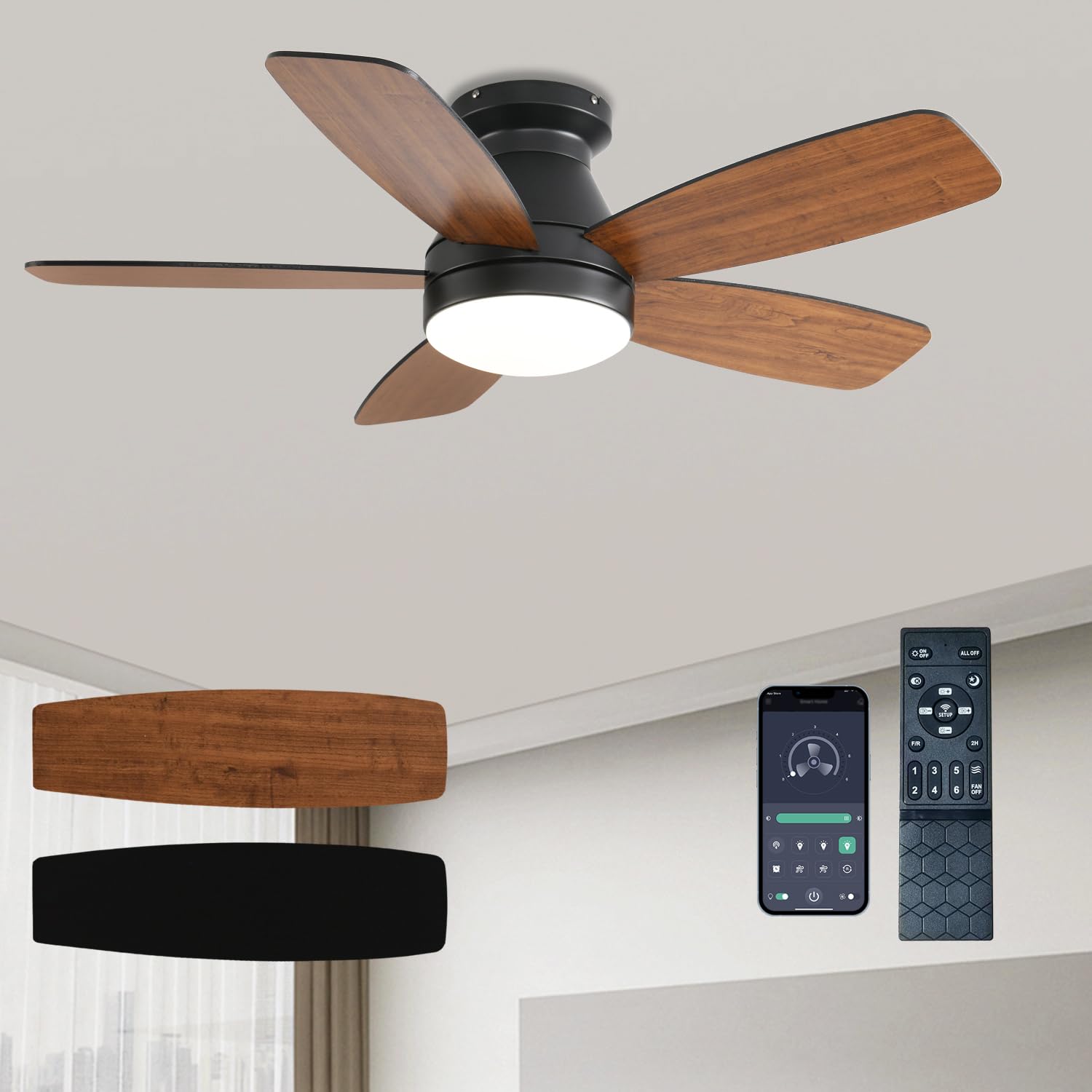 JSAITEE Ceiling Fans with Lights, 42 Inch Low Profile Ceiling Fan with ...