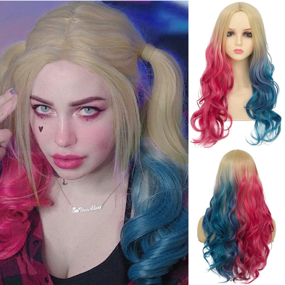 Amazon.com : Dai Cloud Pink Blue Wigs for Women Long Curly Wavy Blonde ...