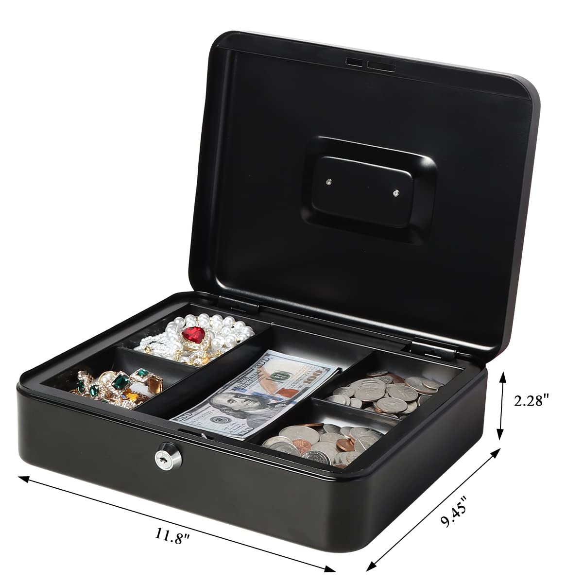 Jssmst Large Cash Box with Key Lock - Durable Metal Cash Box with Money ...