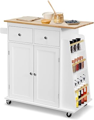 Amazon.com: WATERJOY Rolling Kitchen Buffet Cart, Wood Utility Kitchen ...