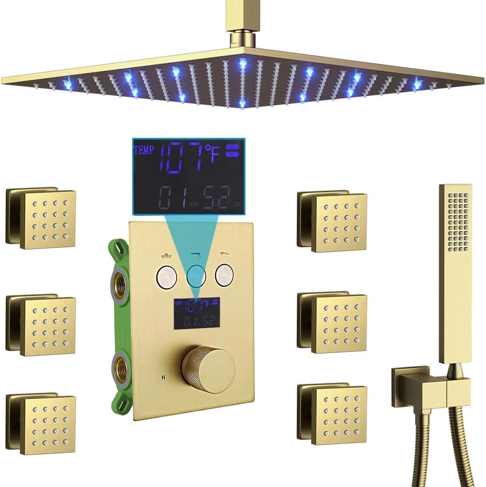 Brushed Gold Shower System AYIVG Temperature Display Thermostatic ...