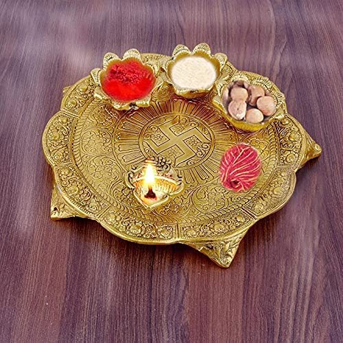 Buy Sawcart Pooja Thali Platter with 3 Attached and 1 Metal Puja Plate ...
