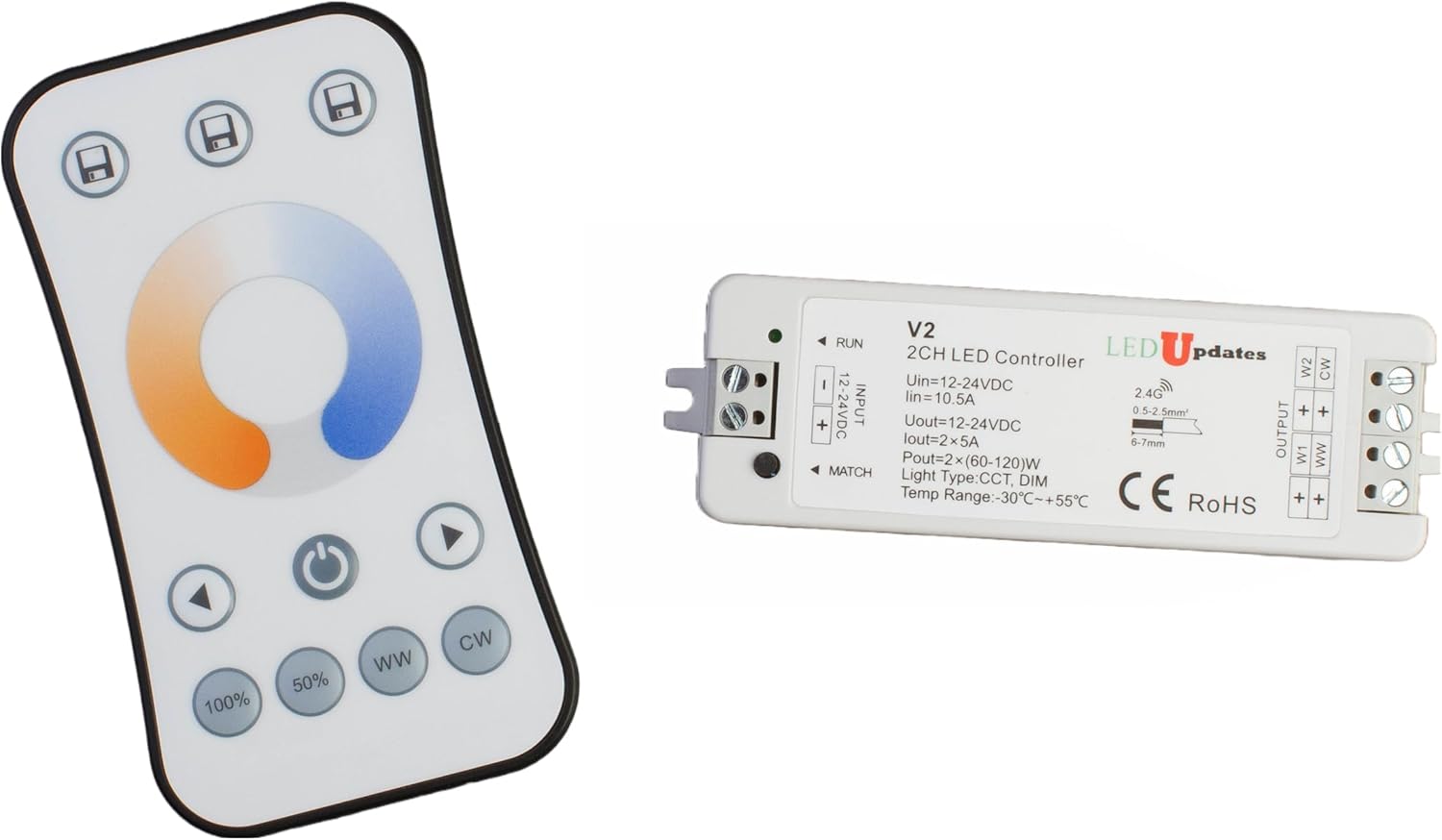 LEDUPDATES 12v 24v CCT LED Light Dual color Controller + Remote Control ...